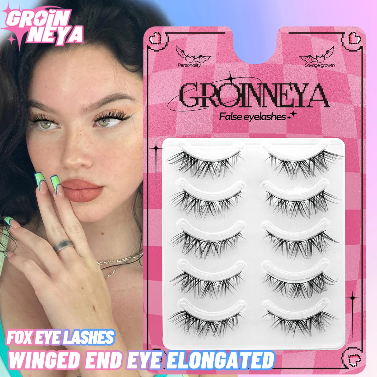 GROINNEYA-Cat-Eye-Lashes-Natural-long-Faux-Mink-Eyelashes-Winged-End ...