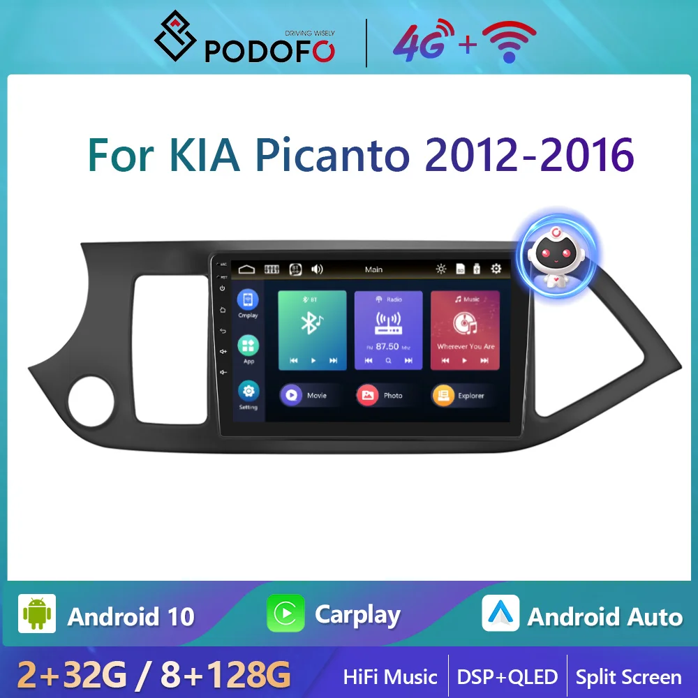 Podofo 4g wifi android 10 rádio do carro para kia picanto 2012 2016 2din 8 + 128g carplay gps ...