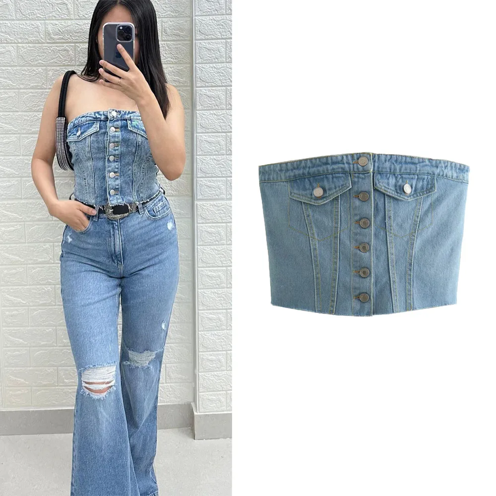 TRAF-espartilho-jeans-para-mulheres-top-cortado-fora-do-ombro-top-tubo ...