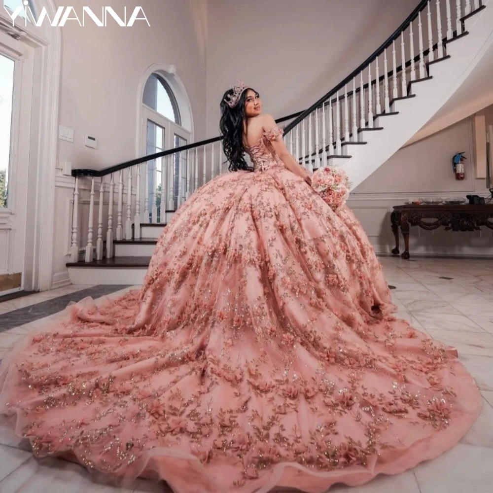 Pink-Off-The-Shoulder-Quinceanrra-Prom-Dresses-Glitter-Sequins-3D ...