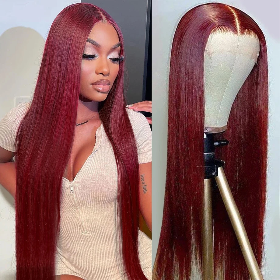 Bone-Straight-Lace-Frontal-Wig-For-Women-Glueless-Red-Burgundy-99J ...