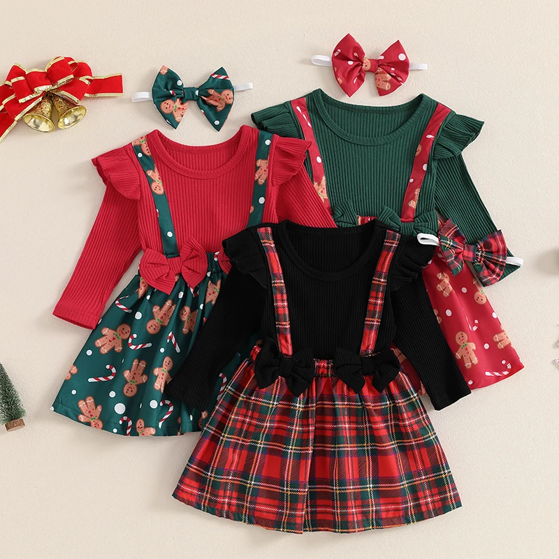 Toddler-Infant-Girls-Christmas-Set-Plaid-Gingerbread-Man-Bow-Long ...
