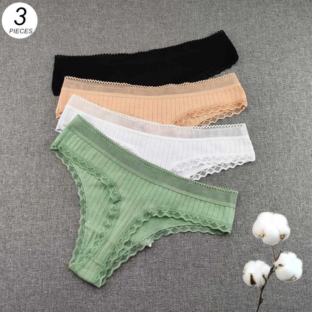 3pcs Ruffles Lace Low Waist Ribbed Cotton Thong Solid Color Women G ...