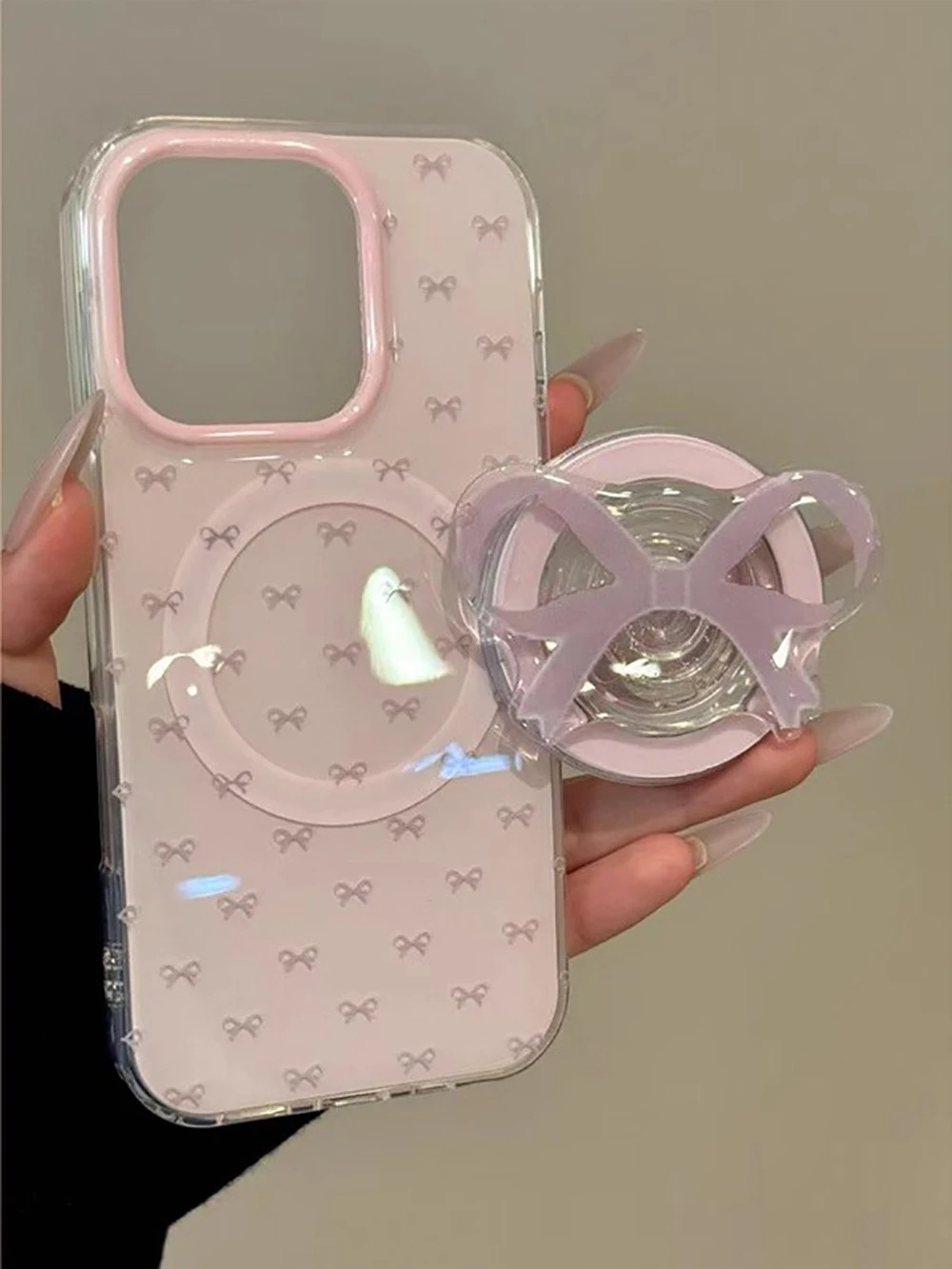 Cute Pink Bowknot Bow Magnetic Grip Tok Wireless Charge Phone Case for ...