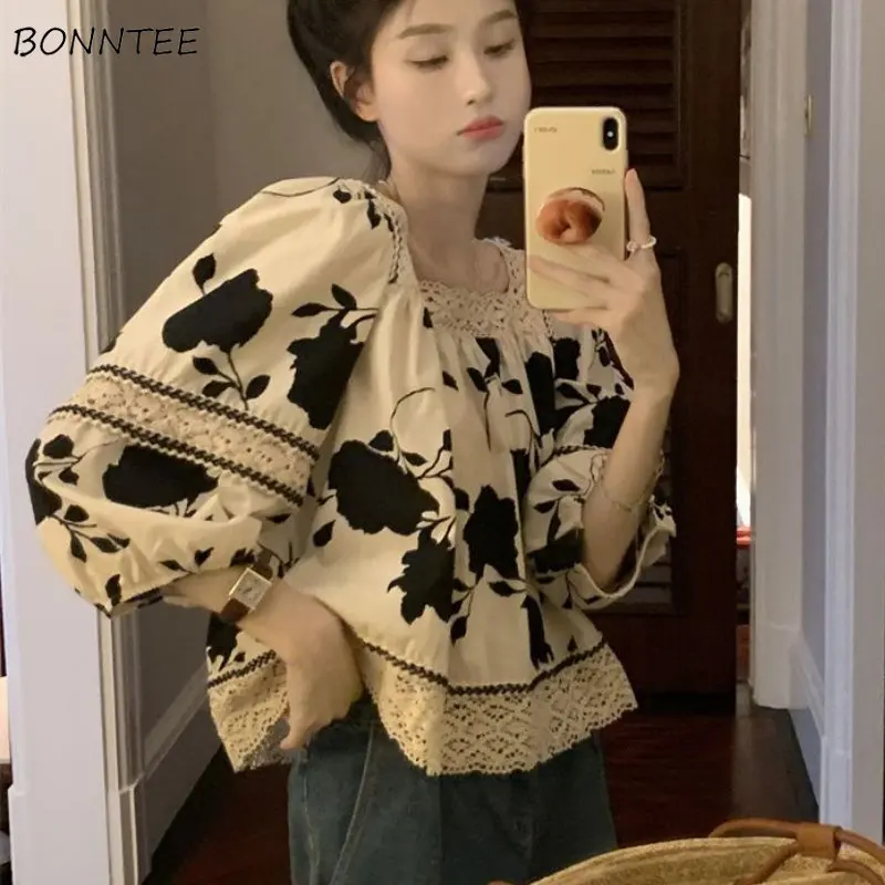 Vintage-Blouses-Women-Square-Collar-Temper-Elegant-Spliced-Print ...