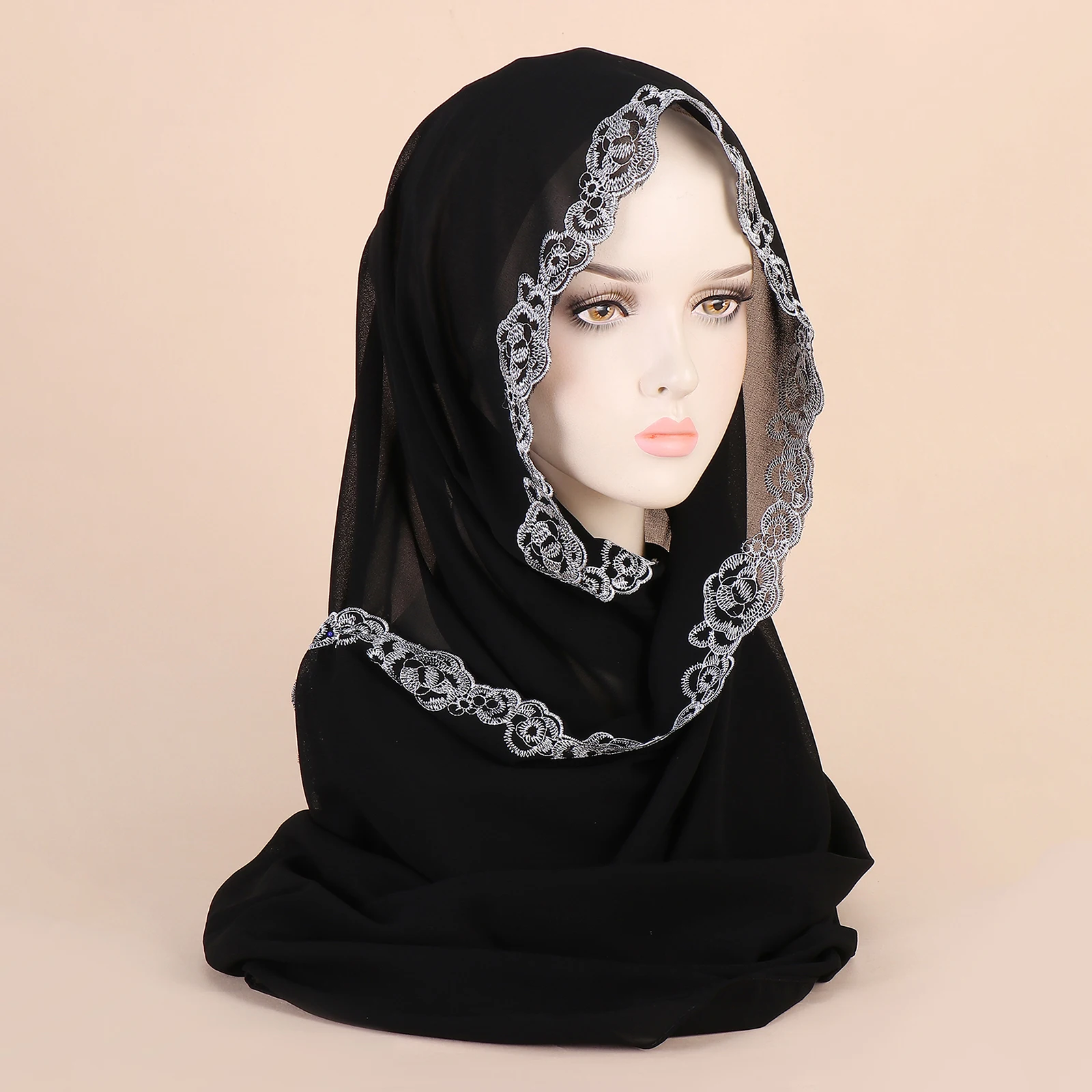 Popular-Embroidered-Scarf-Muslim-Headband-Solid-Chiffon-Versatile-Hijab ...
