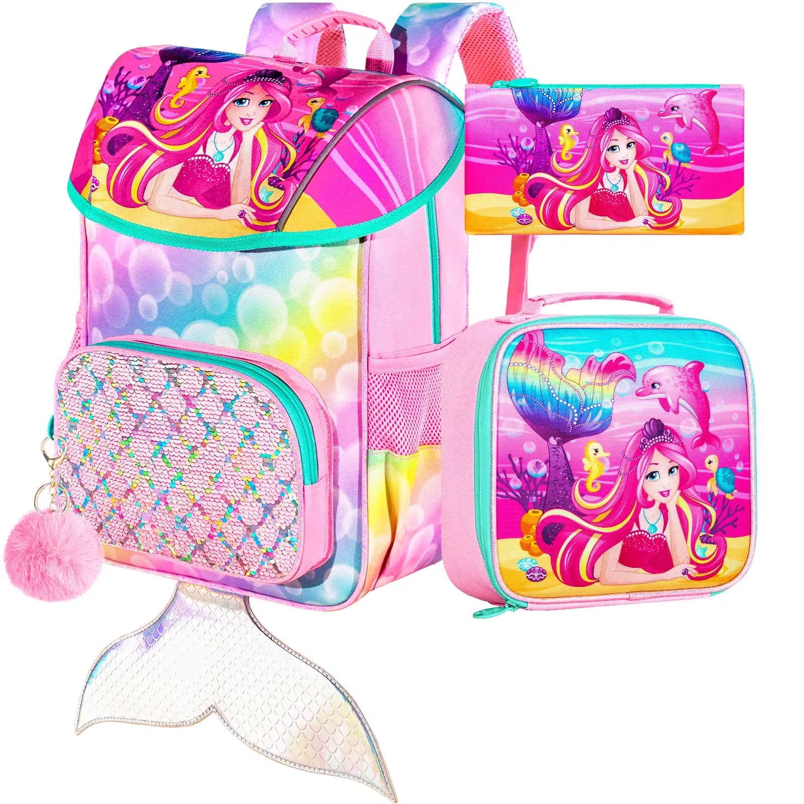 3Pcs-Mermaid-Backpack-for-Girls-15-Kids-Sequin-Bookbag-for-Elementary ...