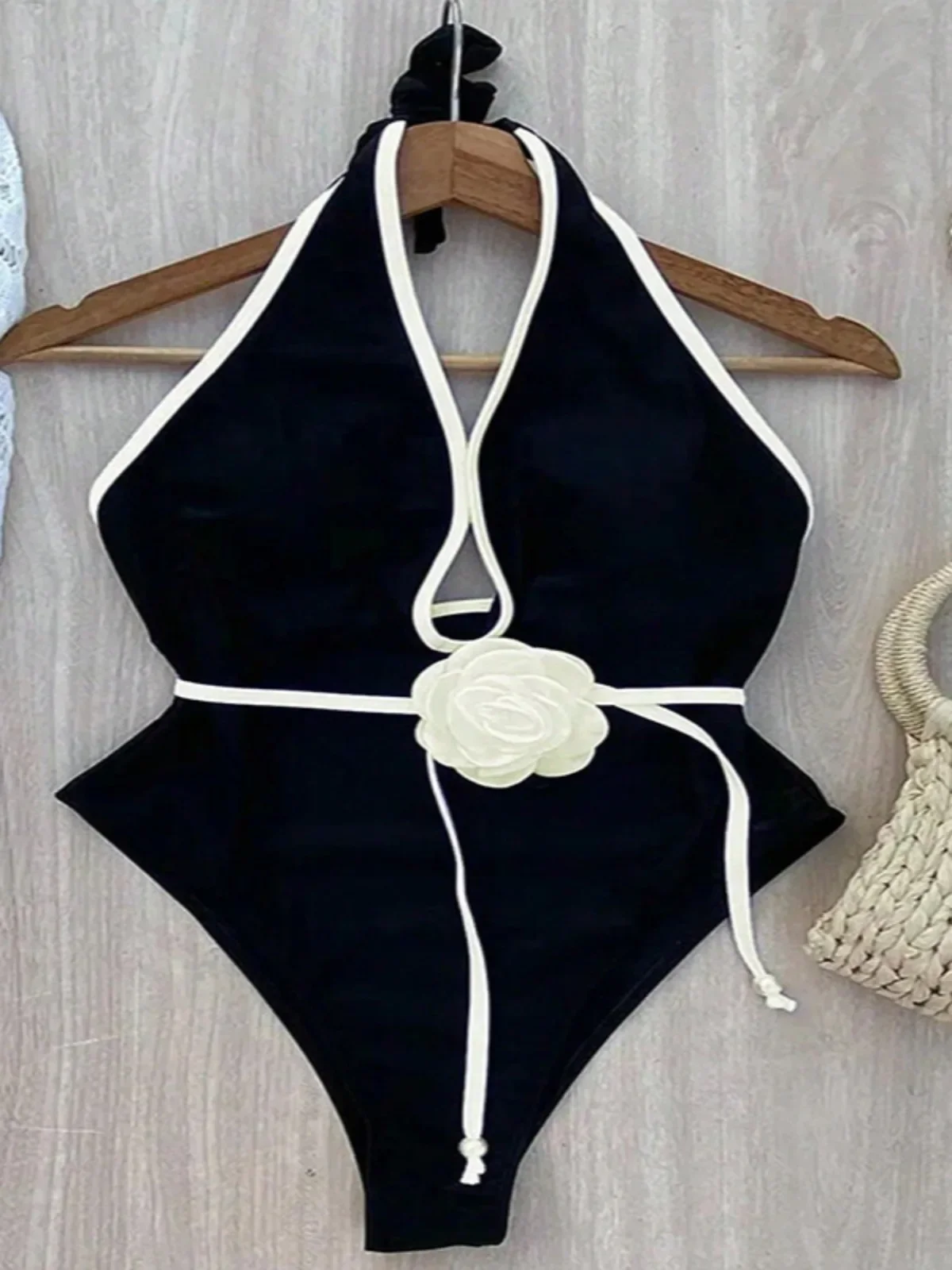 2025 New One Piece Swimsuit Women's Black V Neck Monokini 3D Flower ...