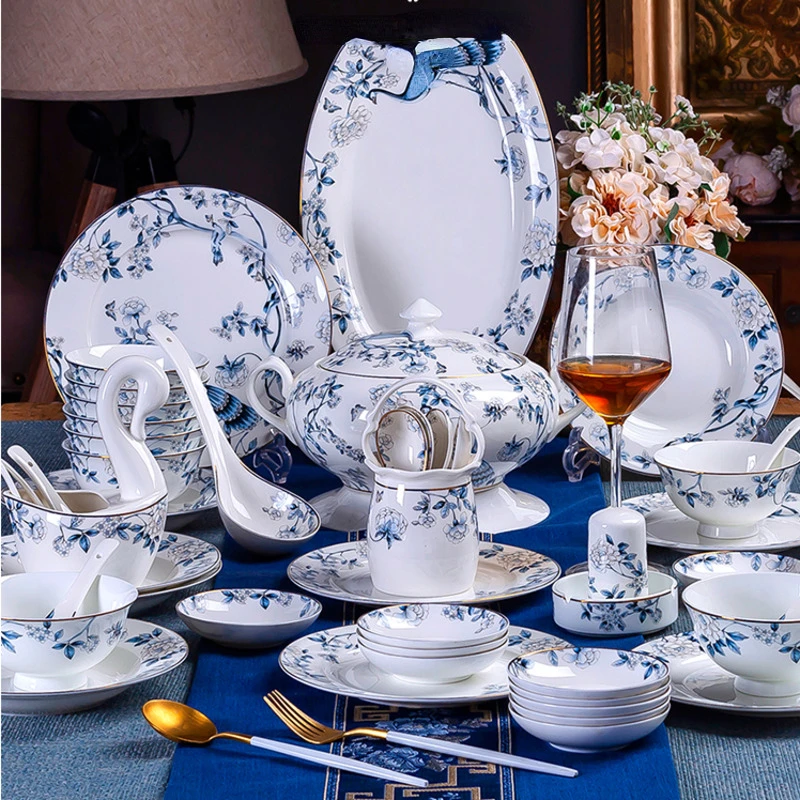 New-Chinese-Jingdezhen-Bone-Porcelain-Dinnerware-Set-Elegant-Peacock ...
