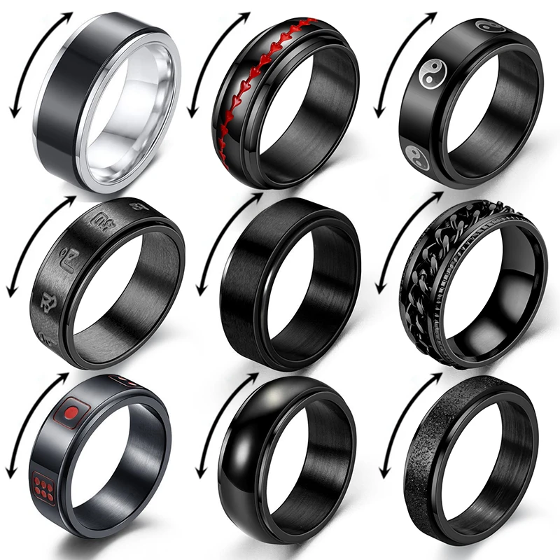 Anxiety Fidget Spinner Rings For Men Male Black Stainless Steel ...