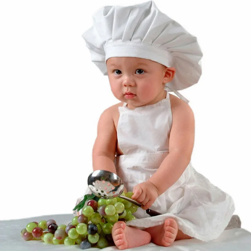 2Pcs/Set Baby Chef Apron+Hat For Kids Baby White Cook Hat Girls Boys ...