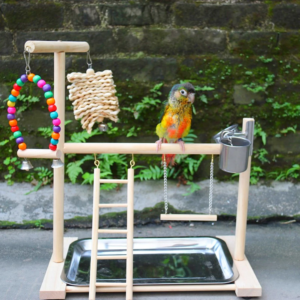 Bird-Playground-Wooden-Perch-Stand-With-Climbing-Ladder-Feeding-Cups ...
