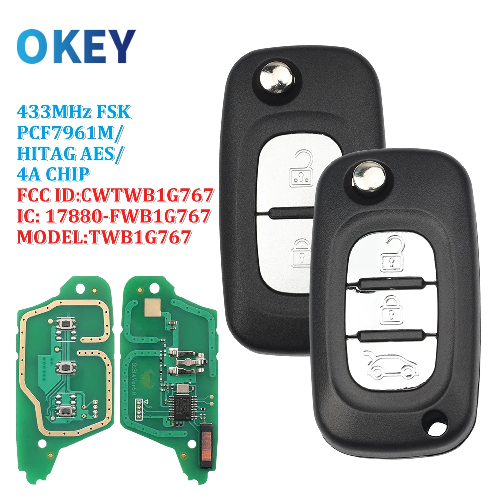 Okey Remote Smart Flip Car Key 433MHz PCF7961M HITAGS AES 4A Chip For ...