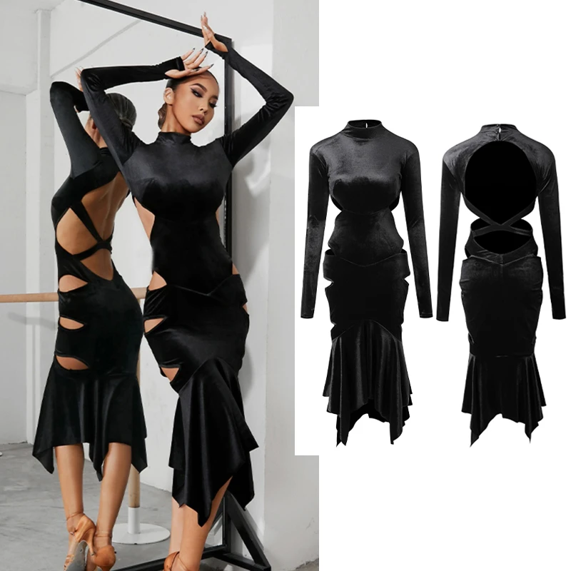 Black Velvet Hollow Back Latin Dance Dress Women Ballroom Dance ...