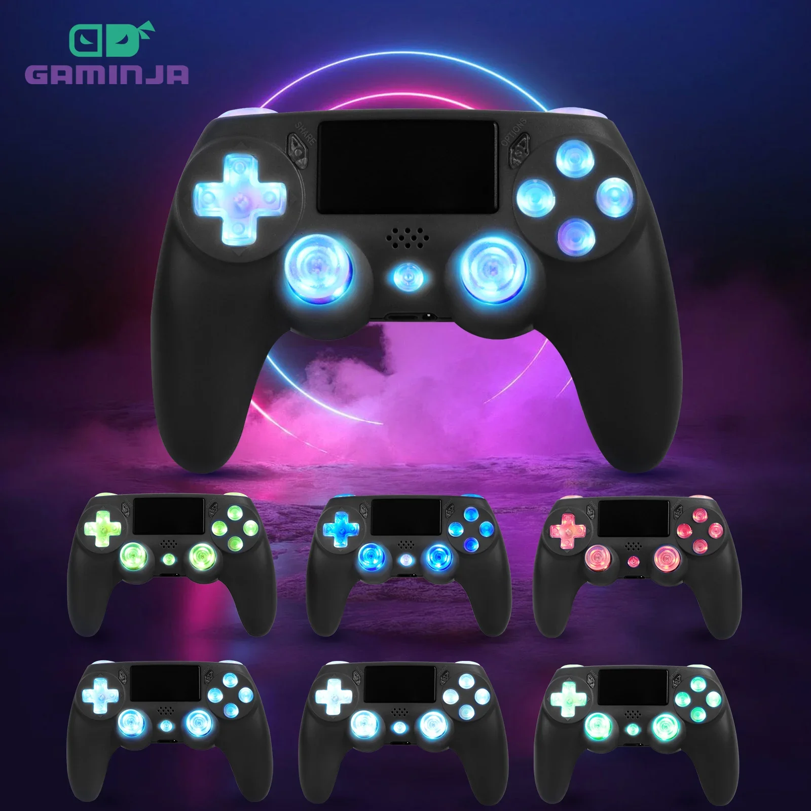 GAMINJA-Wireless-Controller-Dual-Vibration-6-AXIS-RGB-Adjustable-Light-Bluetooth-Gamepad-For-PS4 ...