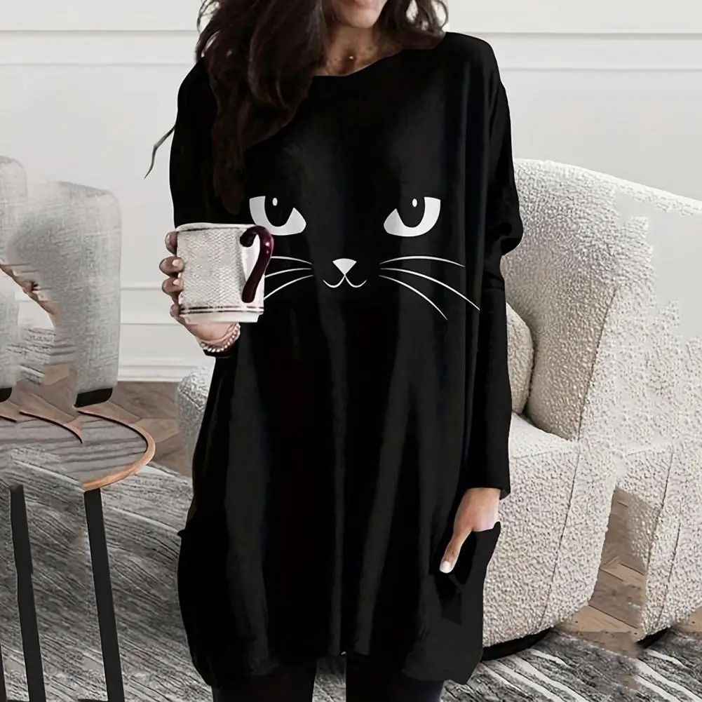 Women-Cat-Print-Dress-Soft-Kitty-Print-Sweatshirt-Dresses-for-Women-for ...