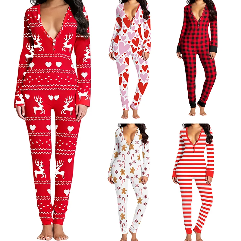 Women's Long Sleeve Christmas Jumpsuit Pajamas V Neck Christmas Themed ...