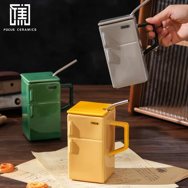 Home Creative retro 550ml refrigerator with covered straw ceramic cup ...