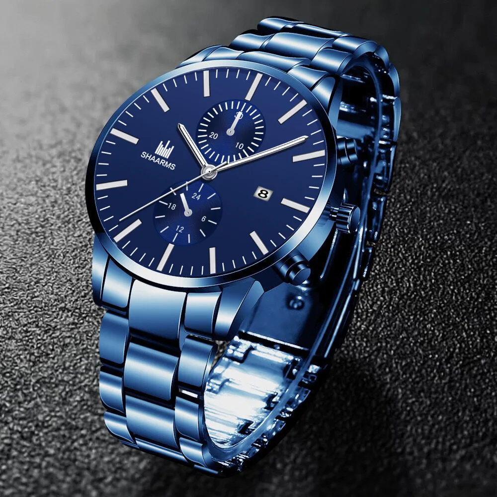Men-Black-Sport-Watch-Blue-Steel-Strap-Watch-Analog-Quartz-Wrist ...