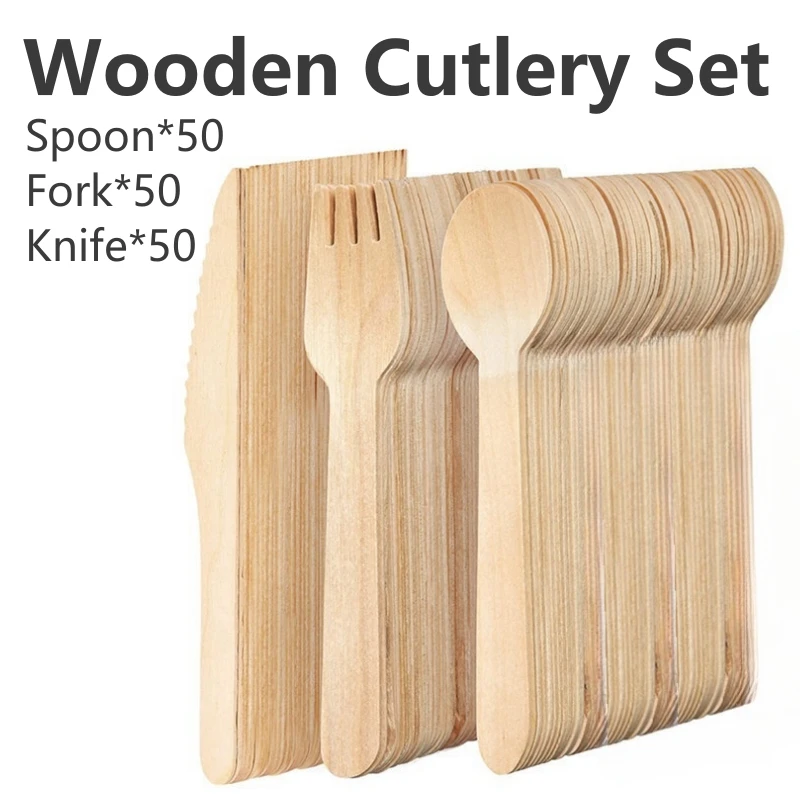 150Pcs Disposable Wooden Spoon Fork Knife Cutlery Set Wedding Birthday ...