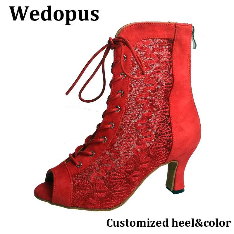 Wedopus Red Lace Velvet Latin Dance Boots Ladies Girls Salsa Dance ...