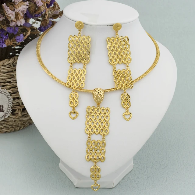 Gold Color Drop Earrings Necklace Set Fashion Women Dubai African ...