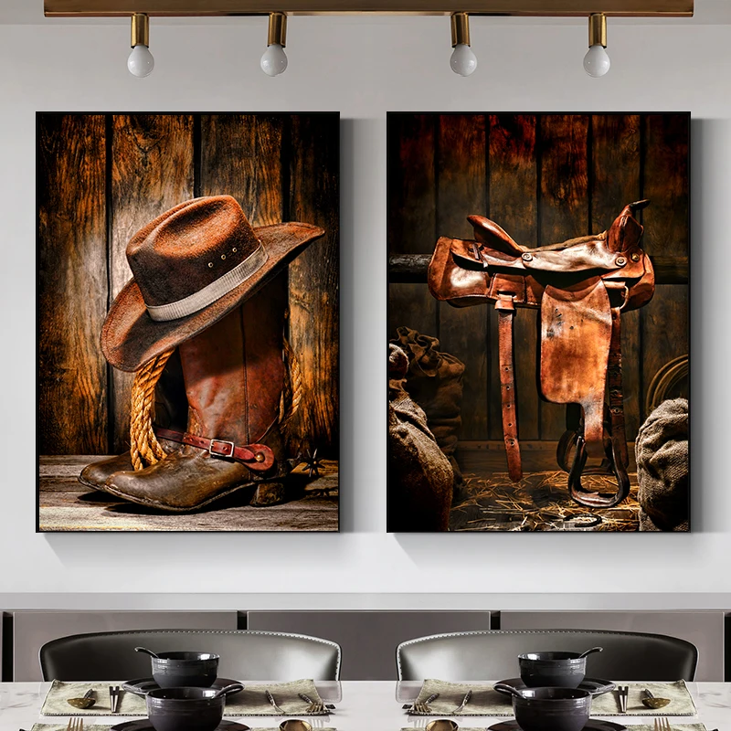 Western-Cowboy-Canvas-Painting-Wall-Art-Brown-Cowboy-Hat-Boots-Pictures ...