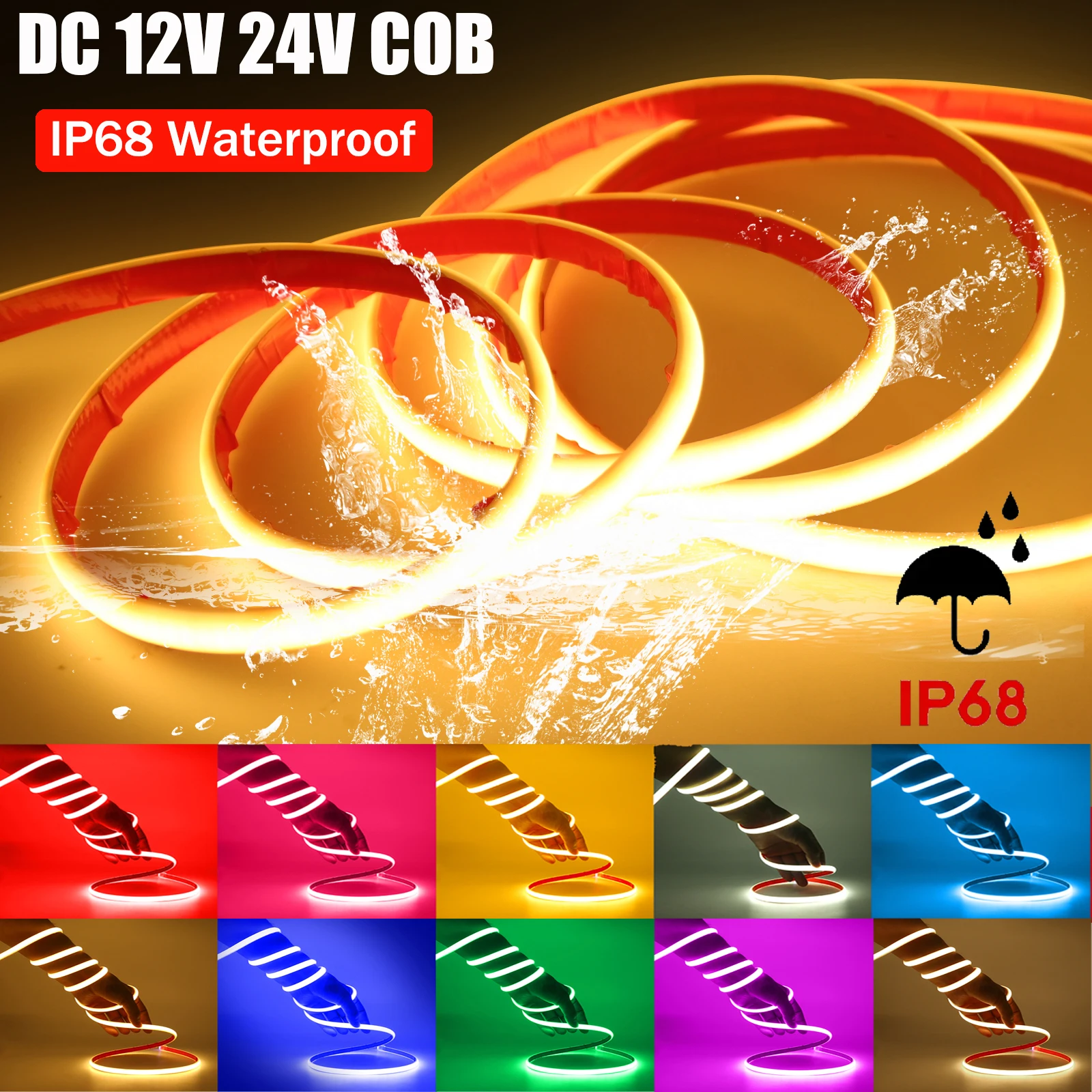 IP68 Waterproof COB LED Neon Light 12V 24V Flexible LED Tape Ribbon LED ...