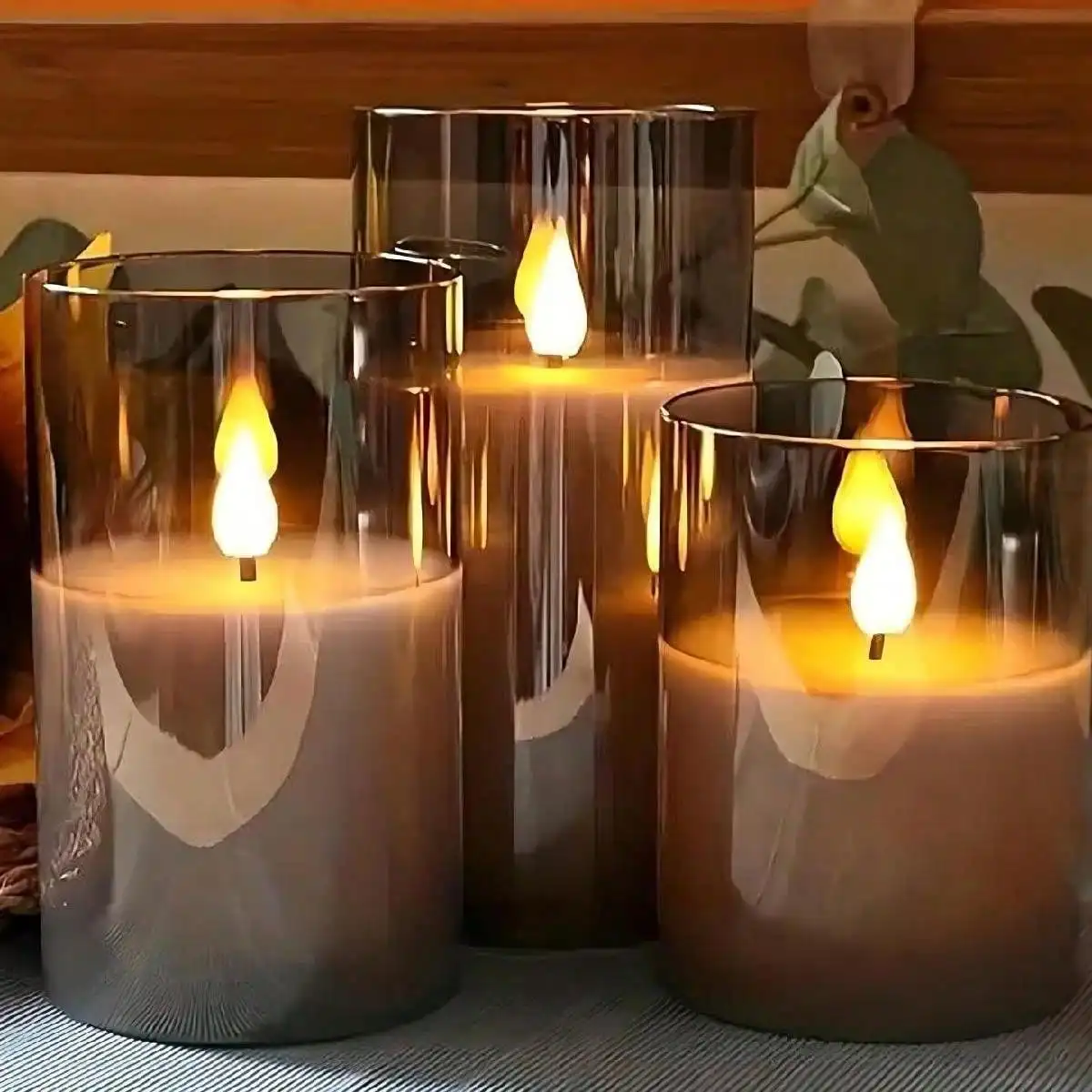 3D-Flameless-LED-Candle-Light-Glass-Jar-Gray-Amber-Set-3-Candles-Real ...