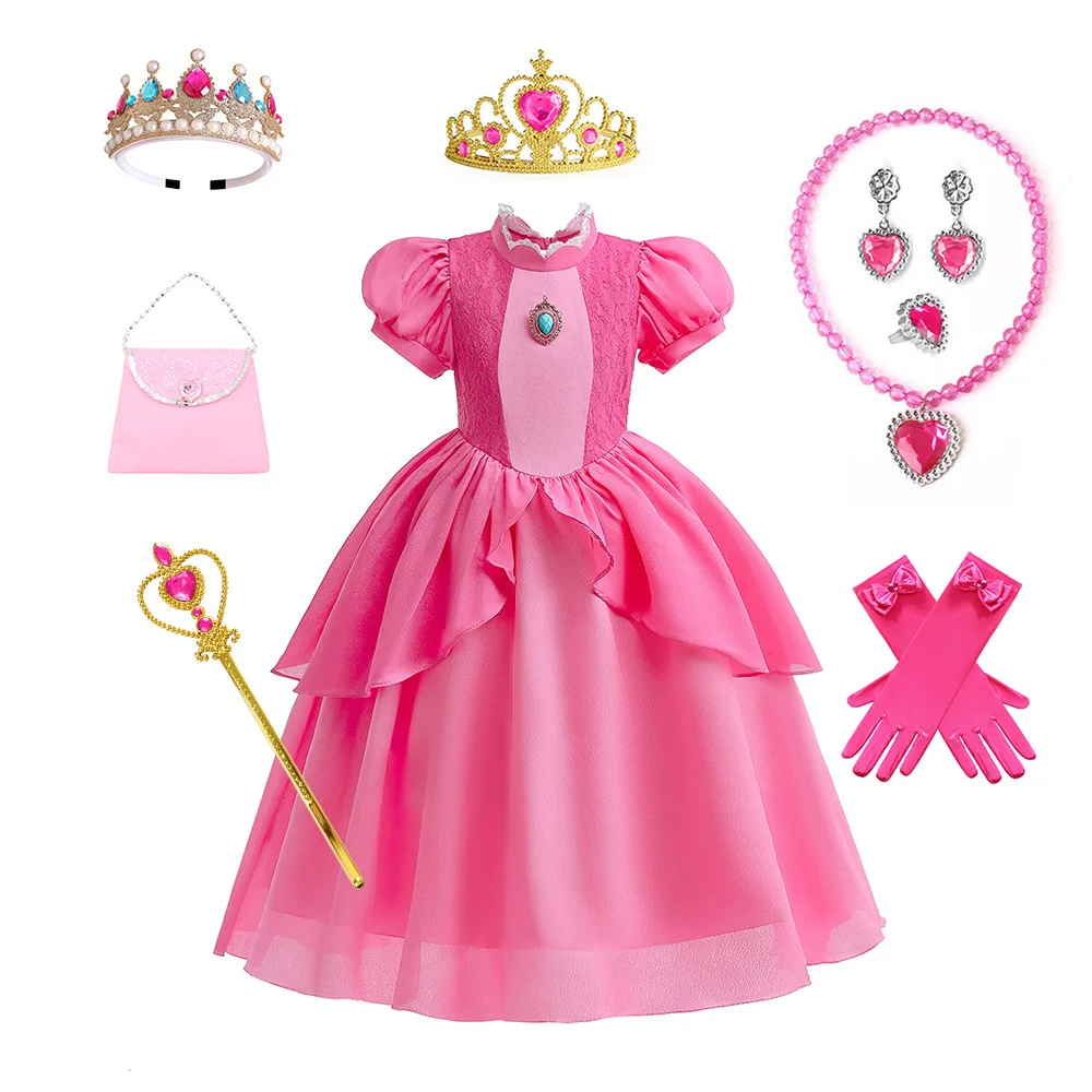 Hot-Sell-Peach-Princess-Dress-With-Accessories-Crown-Kids-Cosplay-Queen ...