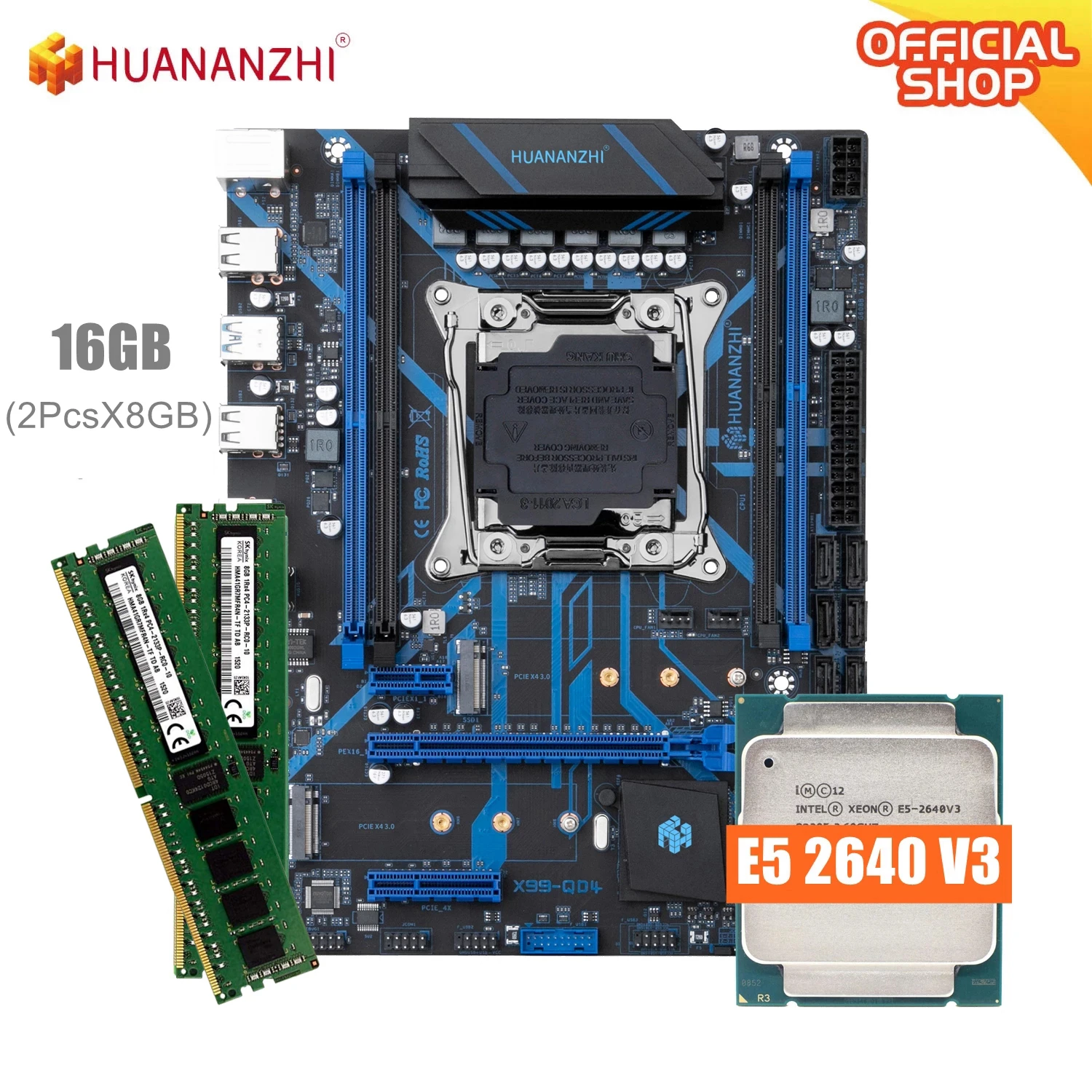 Huananzhi qd4 kit placa mãe xeon x99 e5 2640 v3 16gb (2*8g) ddr4 recc memória nvme ngff sata usb ...