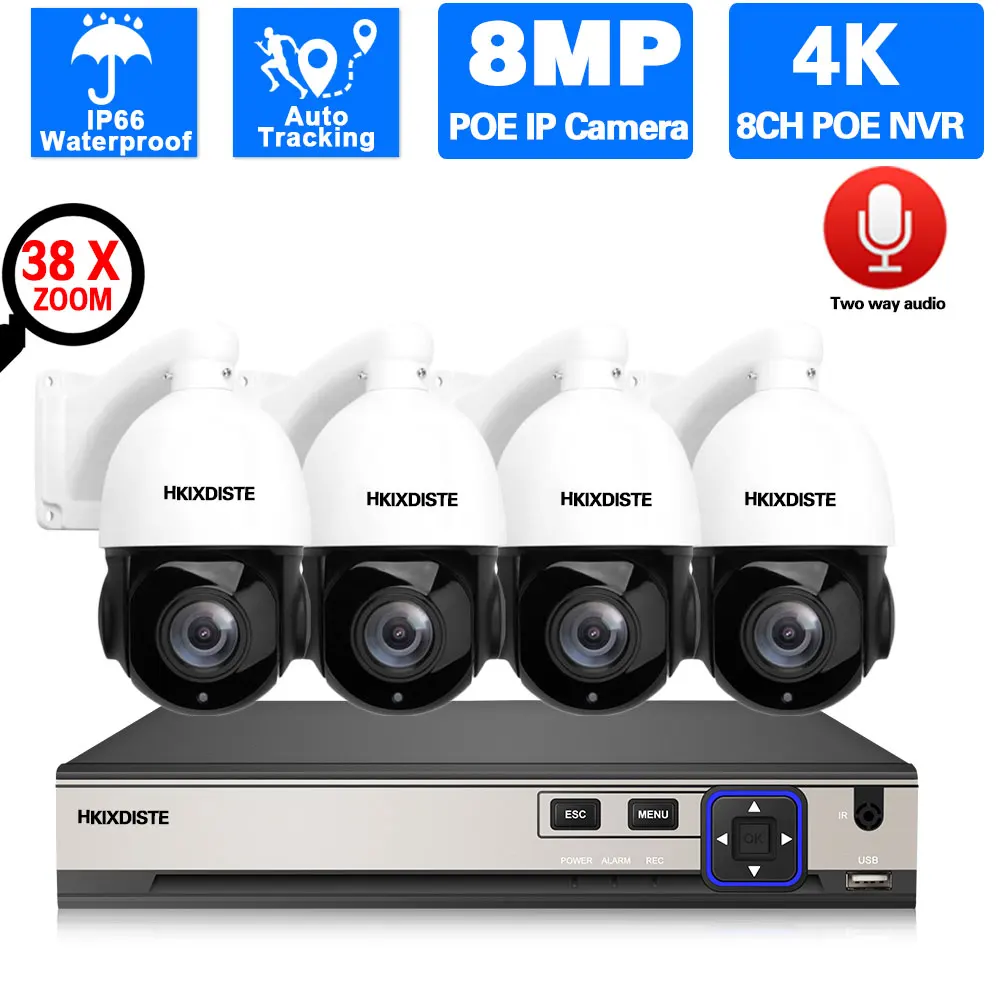 4K 8CH POE PTZ CCTV Camera Security System Kit Two Way Audio 38X Zoom ...