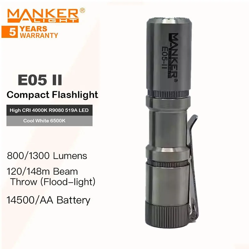 Manker E05 II (Titanium Raw version) Compact EDC Flashlight, High ...