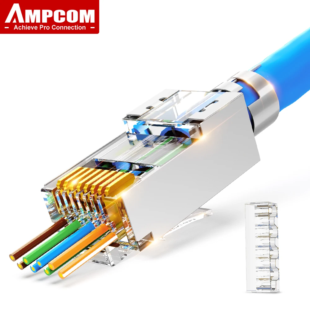 AMPCOM CAT7 RJ45 Connector, Pass Through CAT6A rj 45 Ethernet Plug for ...