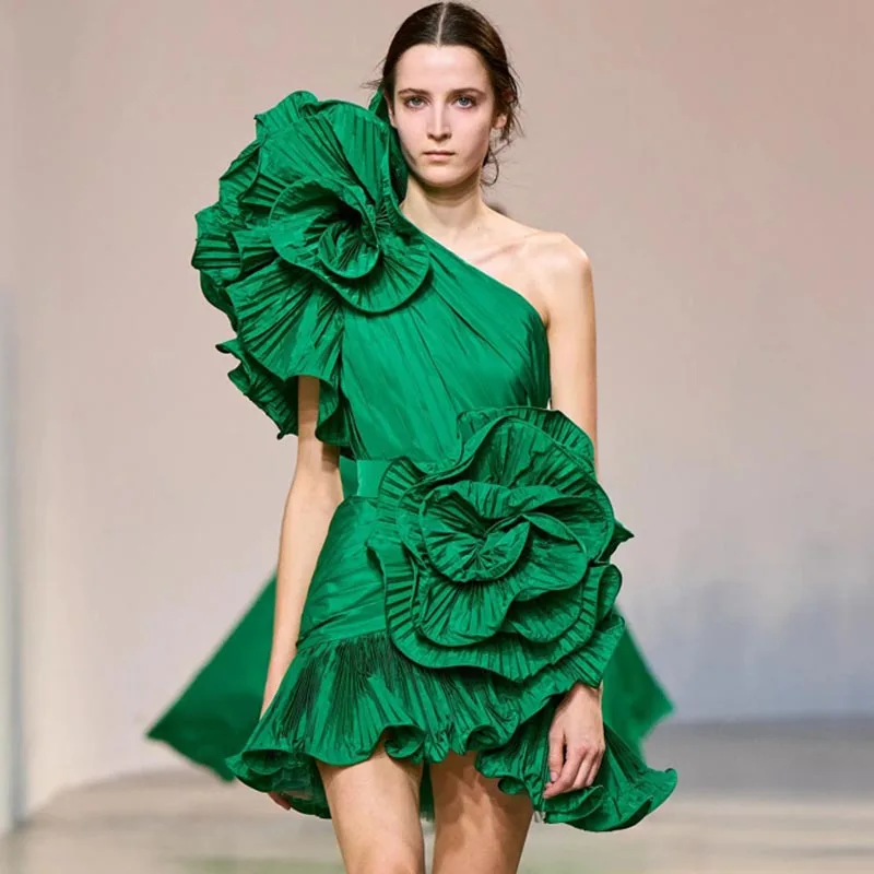 One-Shoulder-Satin-Dress-Hand-Made-Flowers-Mini-Dress-Sleeveless-Green ...