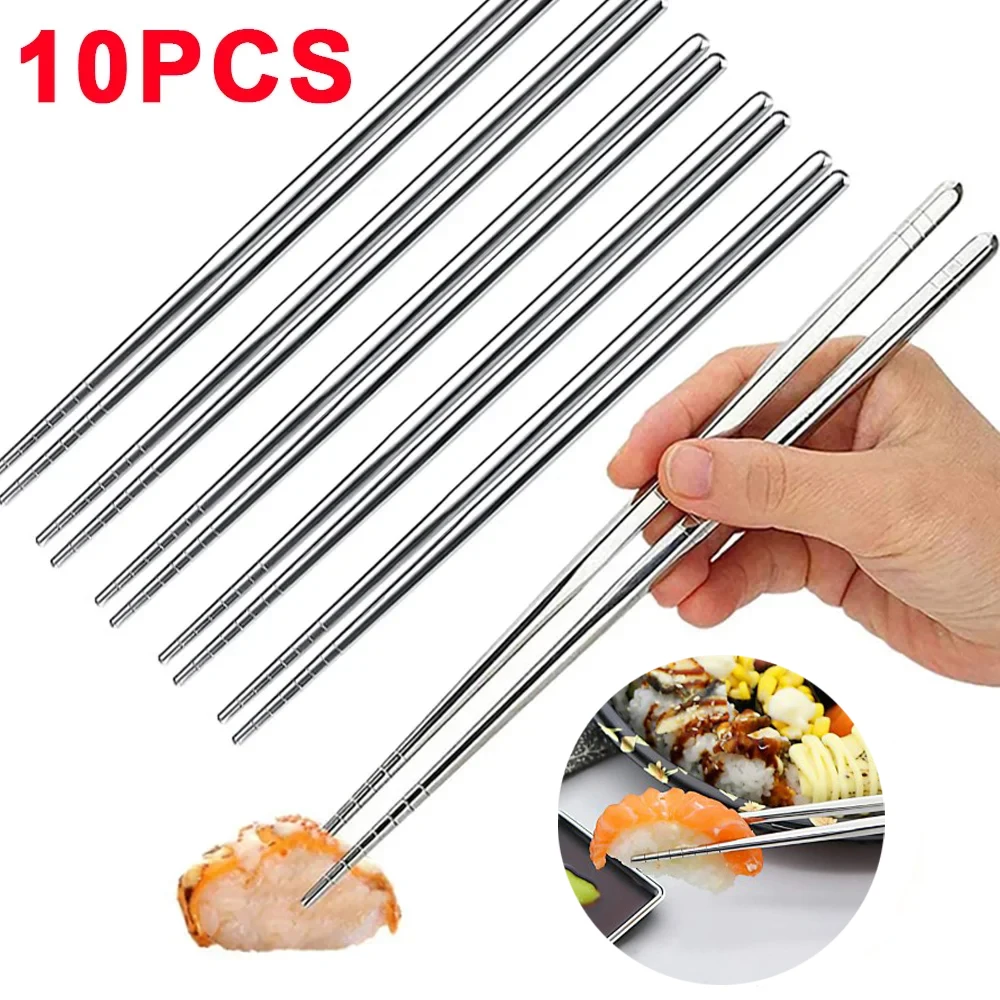 10PCS-Stainless-Steel-Chopsticks-Reusable-Non-slip-Chinese-Chopsticks ...