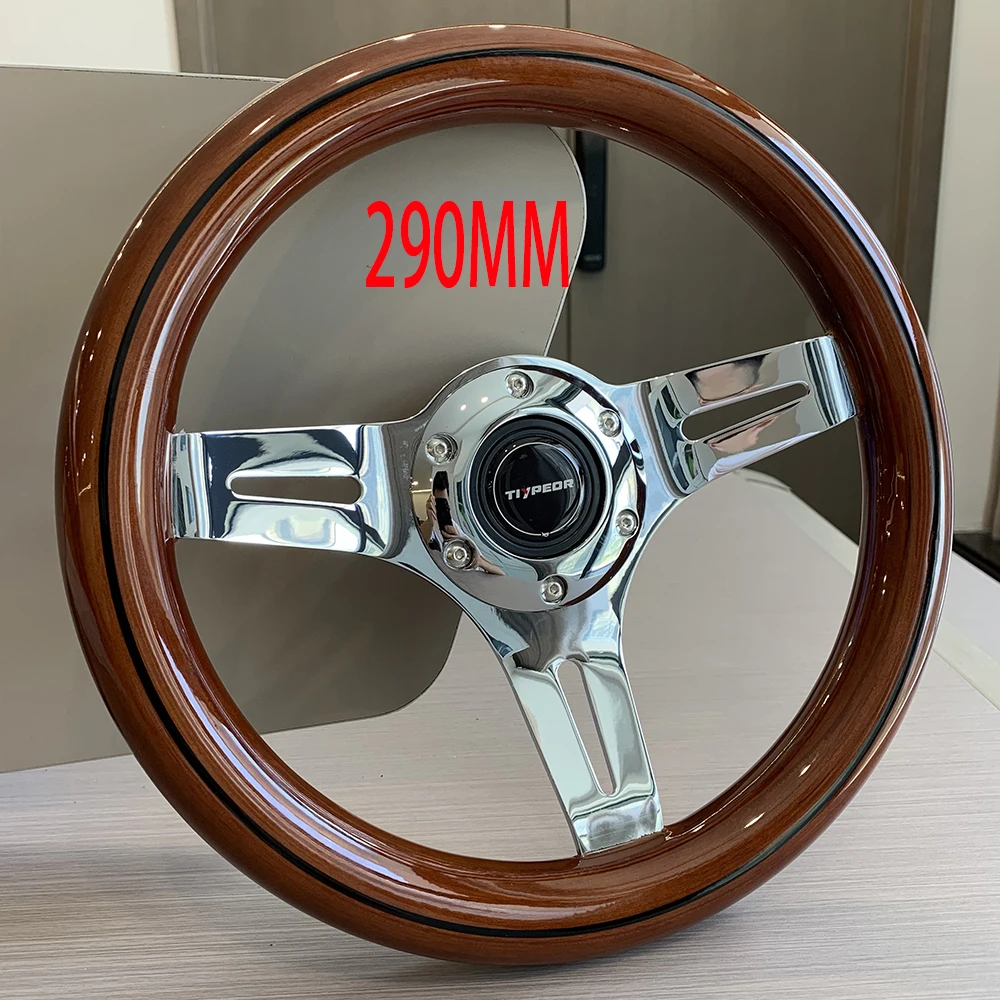 290mm-Diameter-Solid-Wood-Car-Mini-Steering-Wheel-Silver-Bracket-Racing ...