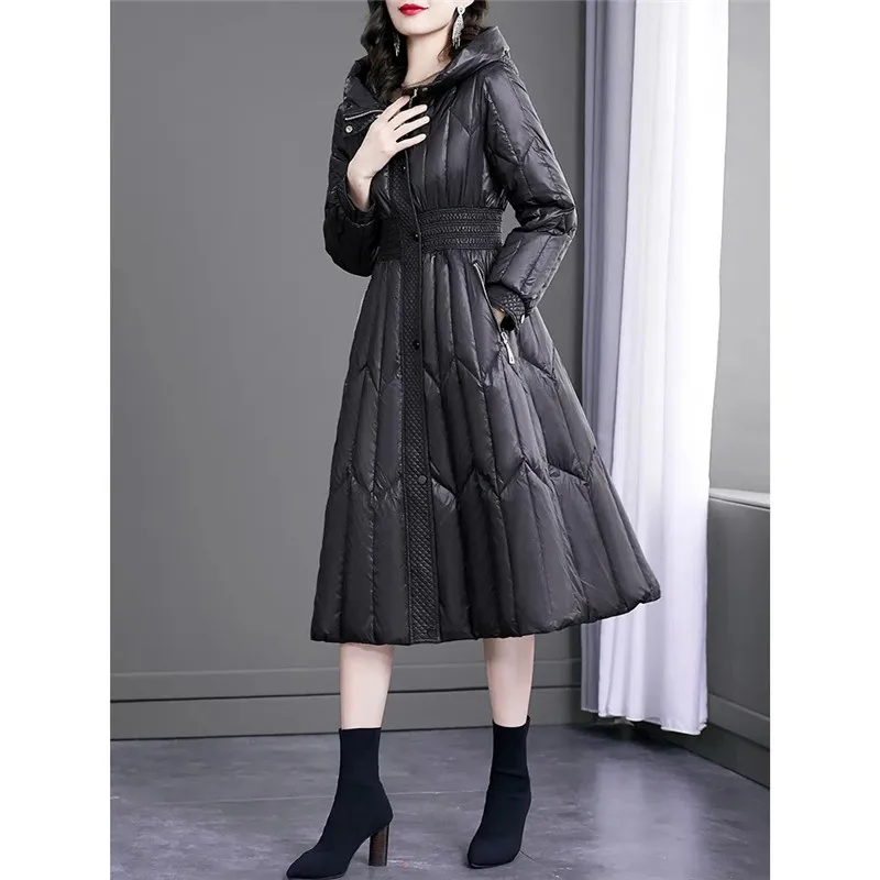 Black Padded Jacket Female Slim 2022 Winter New Simple Fashion Design Hooded Outerwea Mid-length ...