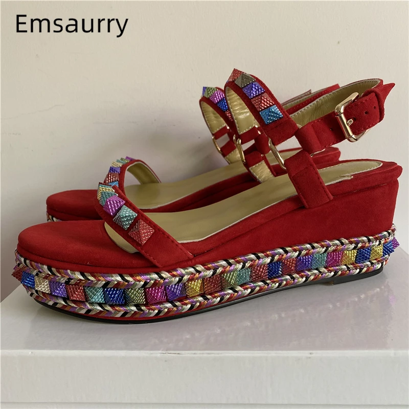 Colorful-Rivet-High-Platform-Modern-Sandals-Women-Ankle-Strap-Wedges ...