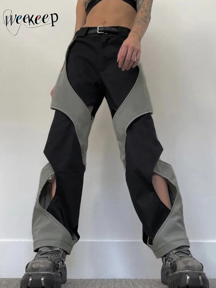 Weekeep-y2k-Techwear-Casual-Pants-Chic-Contrast-Hollow-Out-Baggy-Women ...