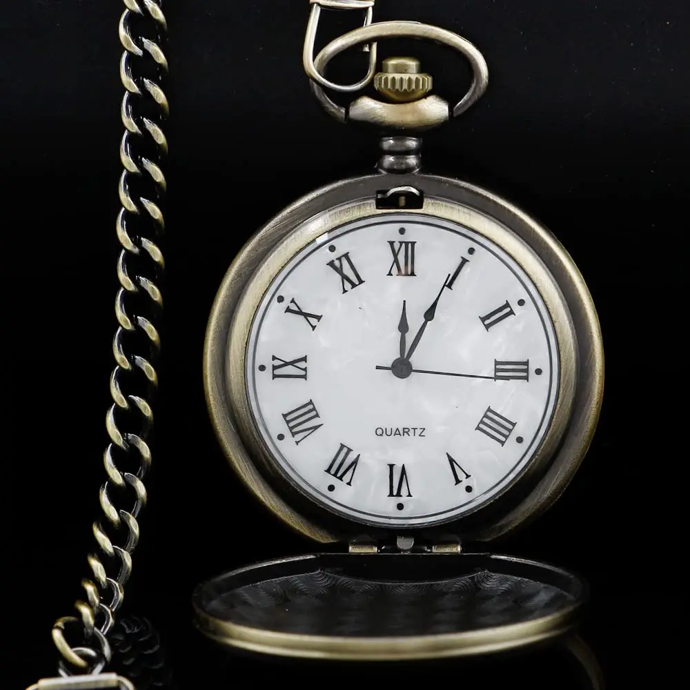 Bronze Vintage Pocket Watch with Chain Smooth Steel Roman Numerals Men ...