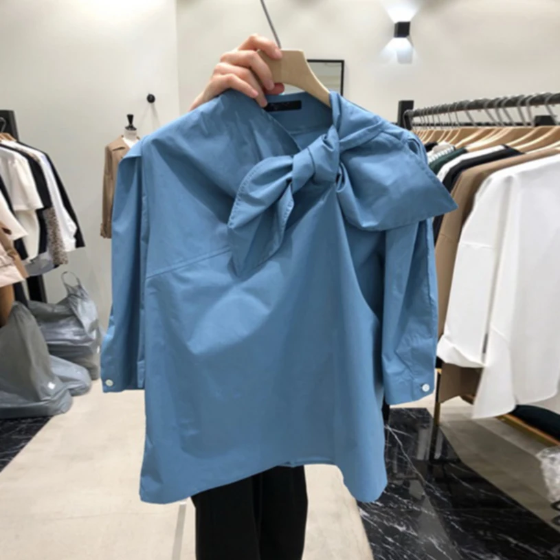 2024-Summer-New-Design-Sense-Bow-Short-sleeve-Shirts-Women-Solid-Loose ...