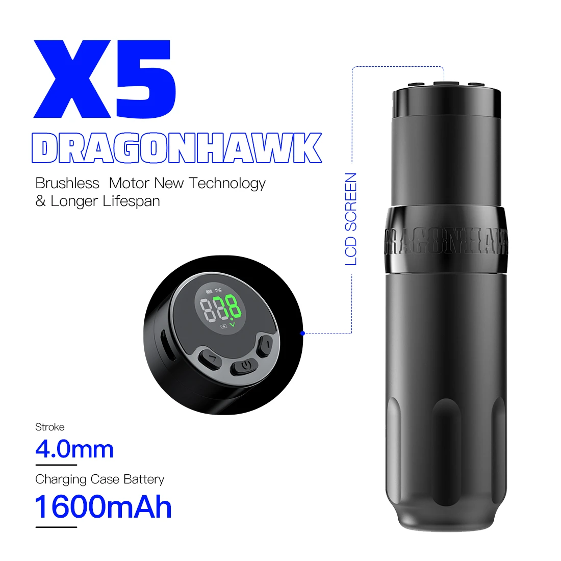 Dragonhawk X5 New 4.0mm Stroke Led Display Wireless Rotary Tattoo ...