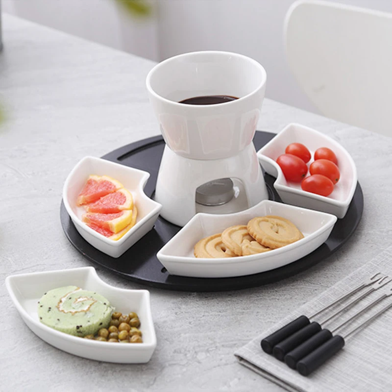 White-Ceramic-Chocolate-Fondue-Pot-with-4-Dishes-Forks-Porcelain-Diy ...
