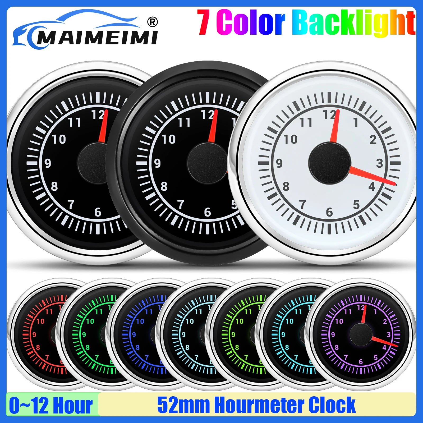 MAIMEIMI 2"52mm Clock Gauge 0-12 Hours Instrument 7 Color Backlight ...