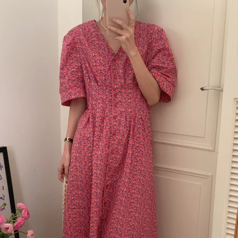 프랑스 스타일 레이지 홀리데이 스타일 우아한 V넥 허리 포옹 꽃무늬 드레스 여성용 여성용 여름 날짜 중간 길이 드레스