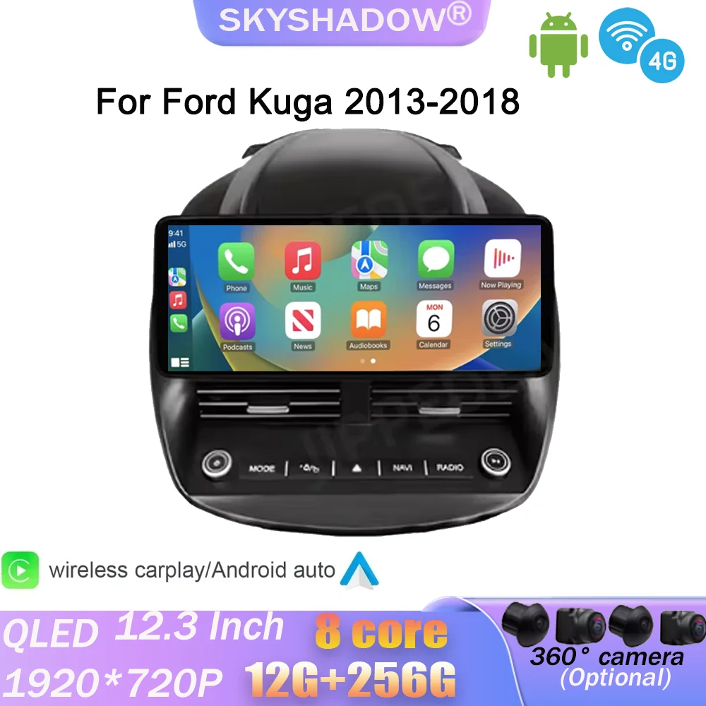 For Ford Kuga 2013-2018 12.3" Android 14.0 GPS Navigation CarPlay 4G ...
