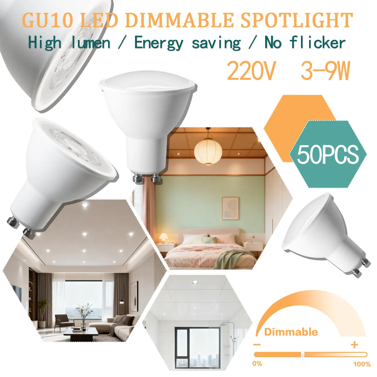 50PCS Dimmable GU10 LED Spotlight Bulbs 9W 7W 5W 3W Natural Lighting ...