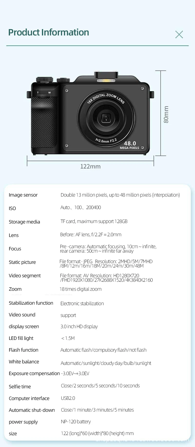 Frame Komery 48MP Digital Cameras Front Rear Dual Lens Selfie 4K ...