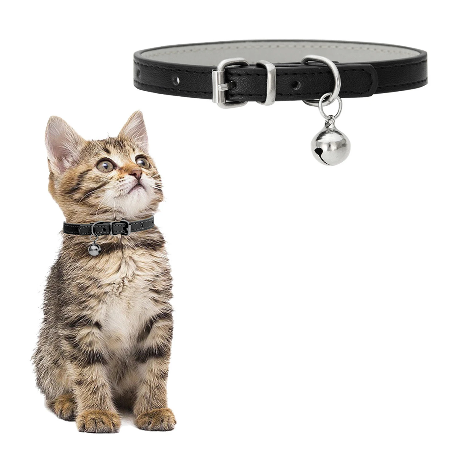 Riyanon-Cat-Collar-with-Bell-Black-Leather-Adjustable-Kitty-Collar-for ...